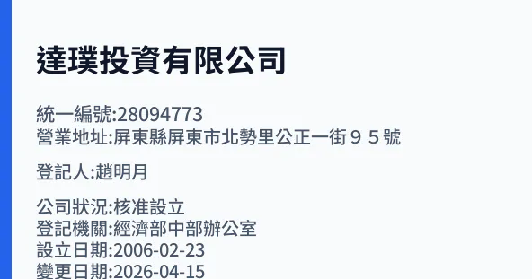 達璞投資有限公司的照片-統編 28094773(屏東縣) 公司登記資料與營業項目詳細圖表