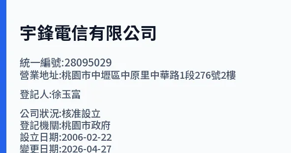宇鋒電信有限公司的照片-統編 28095029(桃園市) 公司登記資料與營業項目詳細圖表