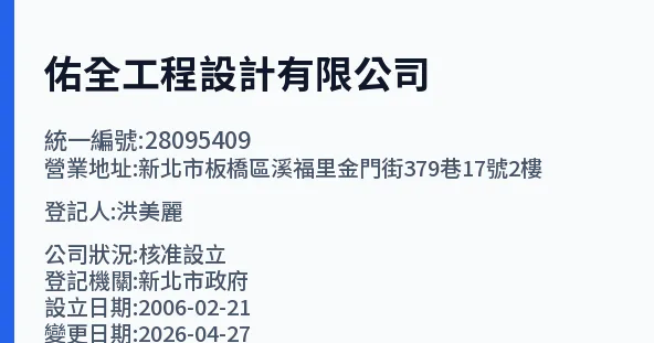 佑全工程設計有限公司的照片-統編 28095409(新北市) 公司登記資料與營業項目詳細圖表