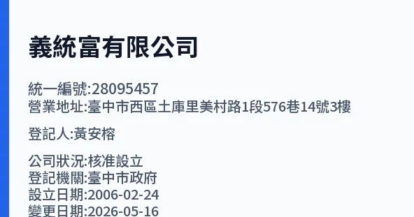 義統富有限公司的照片-統編 28095457(臺中市) 公司登記資料與營業項目詳細圖表