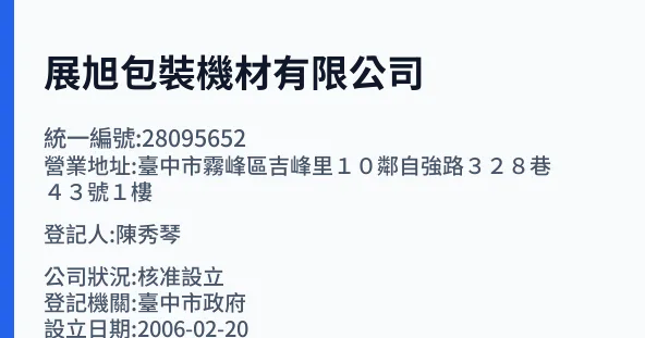 展旭包裝機材有限公司的照片-統編 28095652(臺中市) 公司登記資料與營業項目詳細圖表