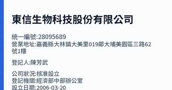 東信生物科技股份有限公司的照片-統編 28095689(嘉義縣) 公司登記資料與營業項目詳細圖表