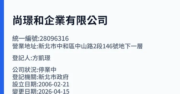 尚璟和企業有限公司的照片-統編 28096316(新北市) 公司登記資料與營業項目詳細圖表
