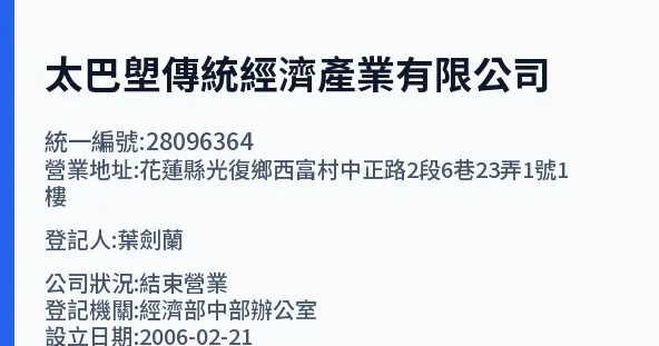太巴塱傳統經濟產業有限公司的照片-統編 28096364(花蓮縣) 公司登記資料與營業項目詳細圖表
