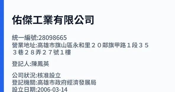 佑傑工業有限公司的照片-統編 28098665(高雄市) 公司登記資料與營業項目詳細圖表