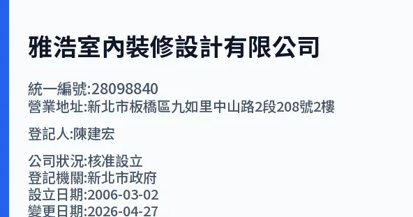 雅浩室內裝修設計有限公司的照片-統編 28098840(新北市) 公司登記資料與營業項目詳細圖表