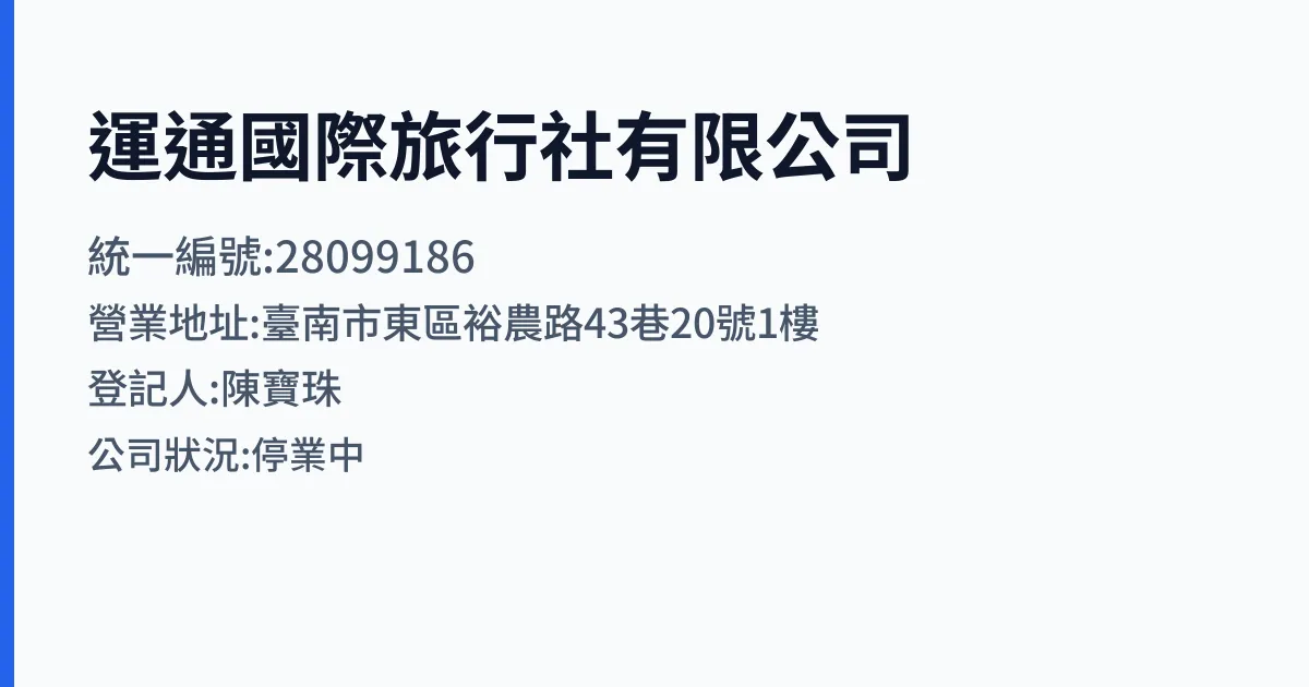 運通國際旅行社有限公司 - 統編 28099186(臺南市) 公司登記資料與營業項目詳細圖表