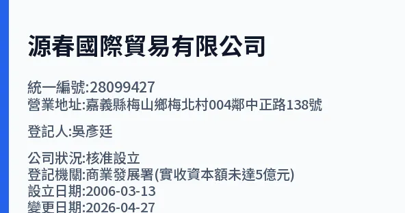 源春國際貿易有限公司的照片-統編 28099427(嘉義縣) 公司登記資料與營業項目詳細圖表