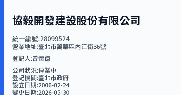 協毅開發建設股份有限公司的照片-統編 28099524(臺北市) 公司登記資料與營業項目詳細圖表