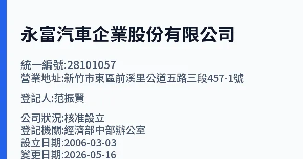 永富汽車企業股份有限公司的照片-統編 28101057(新竹市) 公司登記資料與營業項目詳細圖表