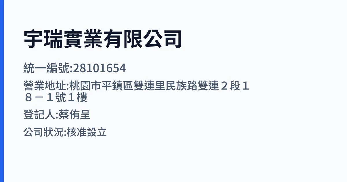 宇瑞實業有限公司 - 統編 28101654(雲林縣) 公司登記資料與營業項目詳細圖表