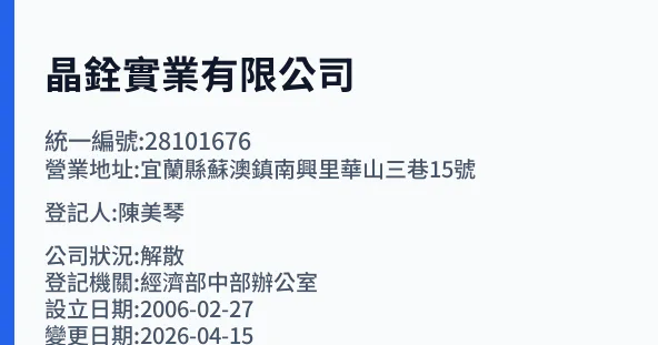 晶銓實業有限公司的照片-統編 28101676(宜蘭縣) 公司登記資料與營業項目詳細圖表