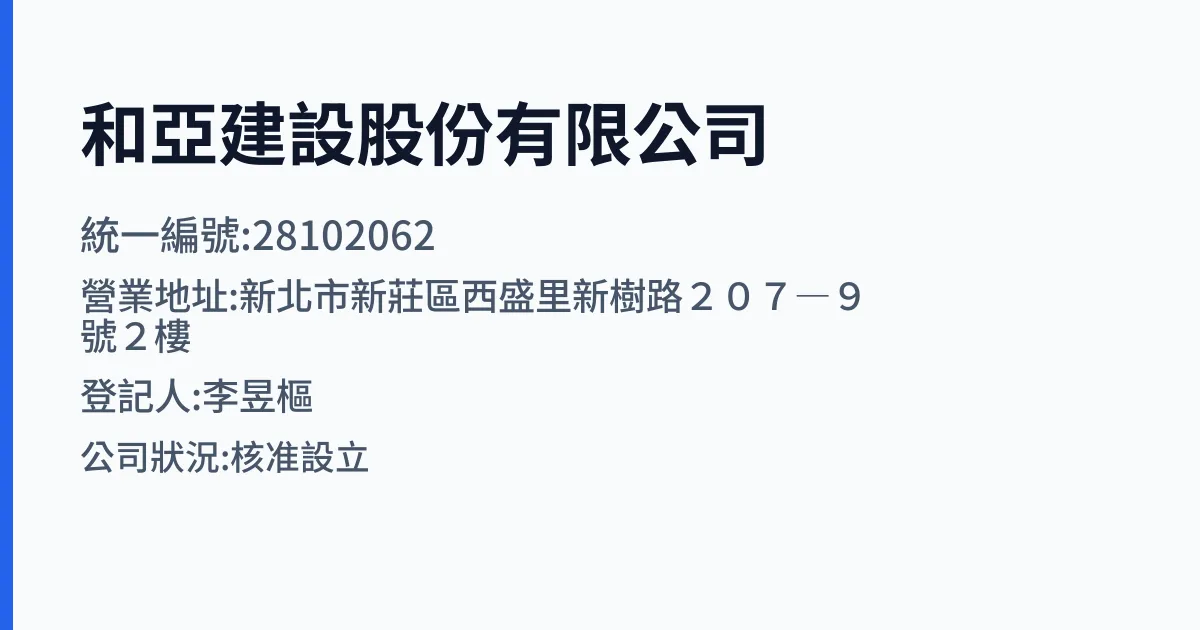 和亞建設股份有限公司 - 統編 28102062(新北市) 公司登記資料與營業項目詳細圖表