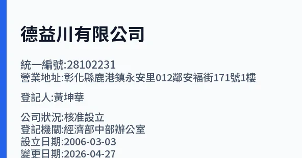 德益川有限公司的照片-統編 28102231(彰化縣) 公司登記資料與營業項目詳細圖表