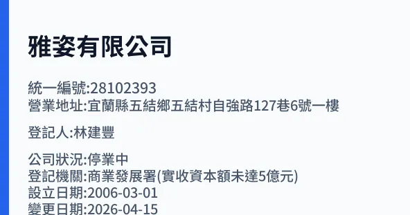雅姿有限公司的照片-統編 28102393(宜蘭縣) 公司登記資料與營業項目詳細圖表