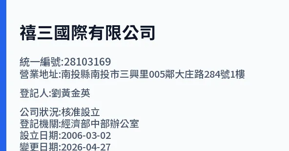 禧三國際有限公司的照片-統編 28103169(南投縣) 公司登記資料與營業項目詳細圖表