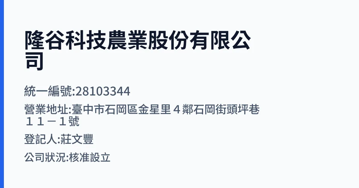 隆谷科技農業股份有限公司 - 統編 28103344(臺中市) 公司登記資料與營業項目詳細圖表