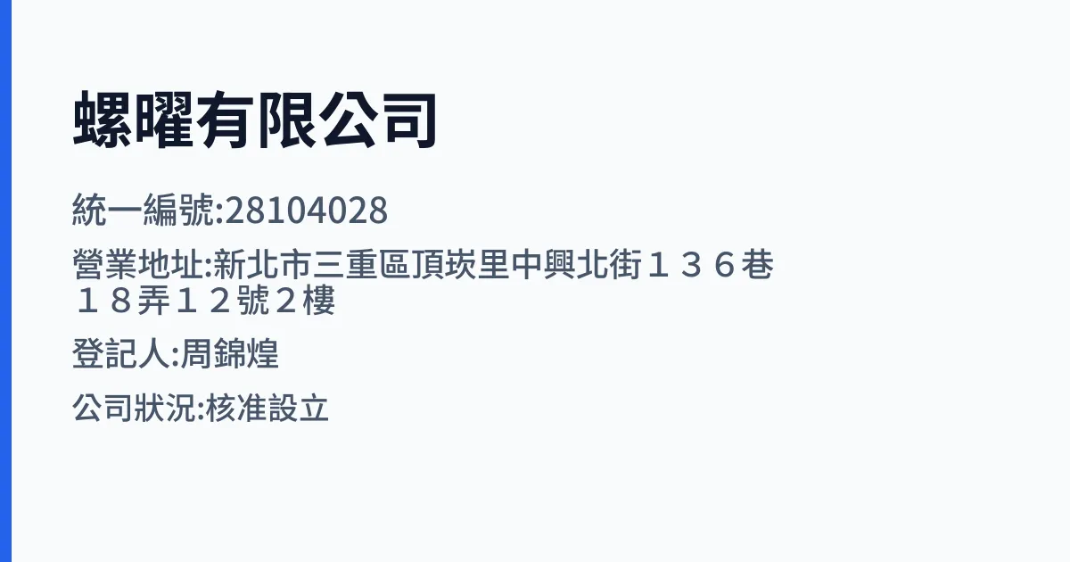 螺曜有限公司 - 統編 28104028(新北市) 公司登記資料與營業項目詳細圖表