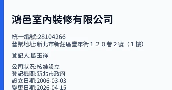 鴻邑室內裝修有限公司的照片-統編 28104266(新北市) 公司登記資料與營業項目詳細圖表