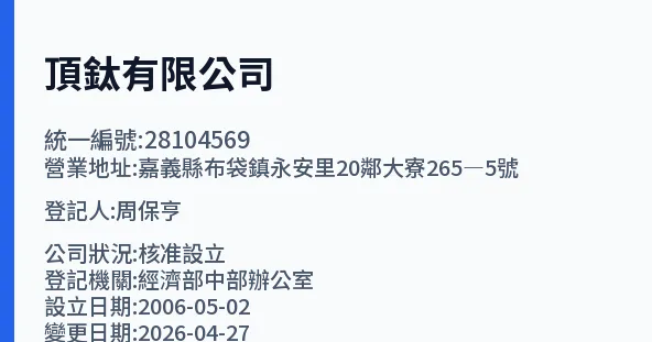 頂鈦有限公司的照片-統編 28104569(嘉義縣) 公司登記資料與營業項目詳細圖表