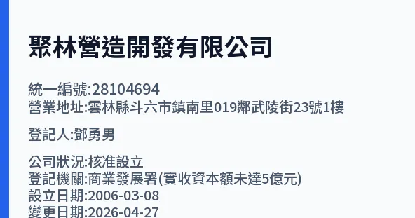 聚林營造開發有限公司的照片-統編 28104694(雲林縣) 公司登記資料與營業項目詳細圖表