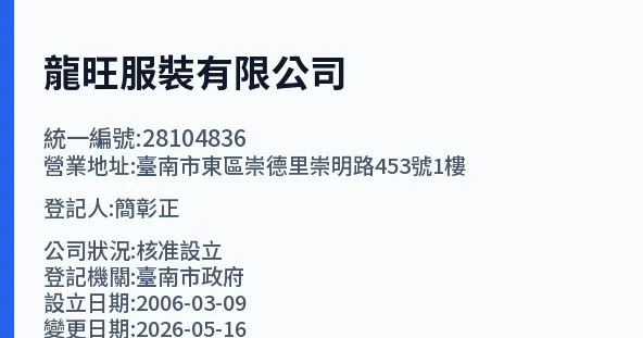 龍旺服裝有限公司的照片-統編 28104836(臺南市) 公司登記資料與營業項目詳細圖表