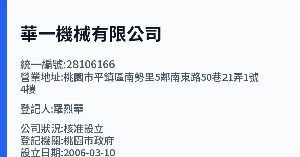 華一機械有限公司的照片-統編 28106166(桃園市) 公司登記資料與營業項目詳細圖表