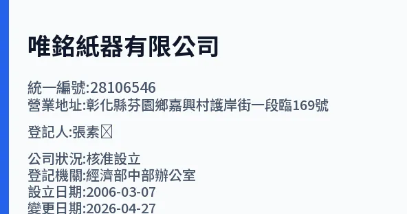 唯銘紙器有限公司的照片-統編 28106546(彰化縣) 公司登記資料與營業項目詳細圖表