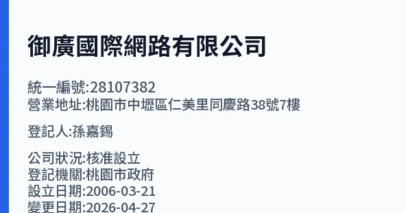 御廣國際網路有限公司的照片-統編 28107382(桃園市) 公司登記資料與營業項目詳細圖表