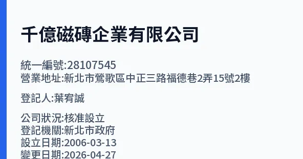 千億磁磚企業有限公司的照片-統編 28107545(新北市) 公司登記資料與營業項目詳細圖表