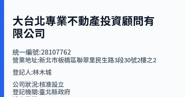 大台北專業不動產投資顧問有限公司的照片-統編 28107762(新北市) 公司登記資料與營業項目詳細圖表