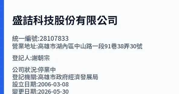 盛詰科技股份有限公司的照片-統編 28107833(高雄市) 公司登記資料與營業項目詳細圖表