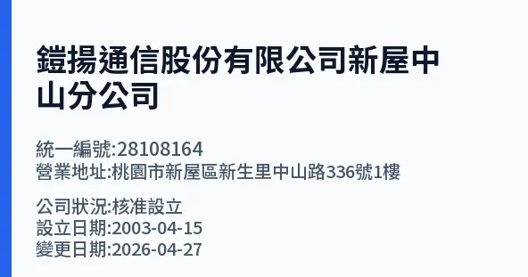 鎧揚通信股份有限公司新屋中山分公司的照片-統編 28108164(桃園市) 公司登記資料與營業項目詳細圖表