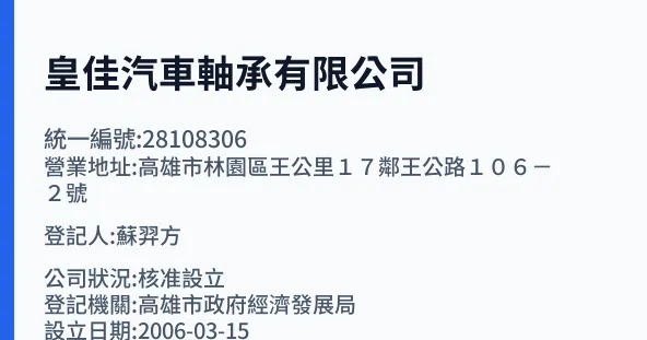 皇佳汽車軸承有限公司的照片-統編 28108306(高雄市) 公司登記資料與營業項目詳細圖表