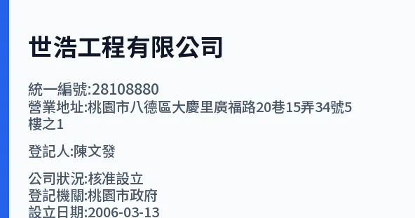 世浩工程有限公司的照片-統編 28108880(桃園市) 公司登記資料與營業項目詳細圖表