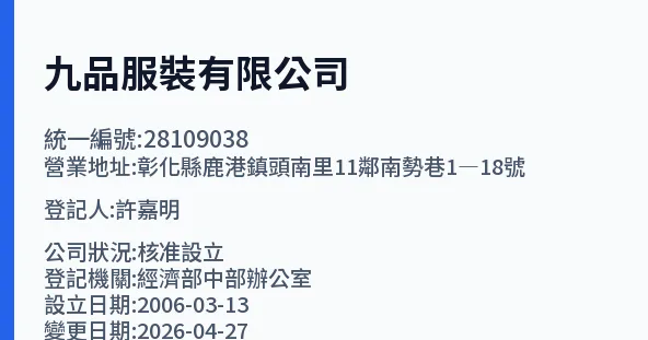 九品服裝有限公司的照片-統編 28109038(彰化縣) 公司登記資料與營業項目詳細圖表