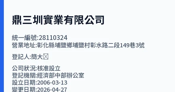 鼎三圳實業有限公司的照片-統編 28110324(彰化縣) 公司登記資料與營業項目詳細圖表