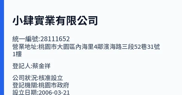 小肆實業有限公司的照片-統編 28111652(桃園市) 公司登記資料與營業項目詳細圖表