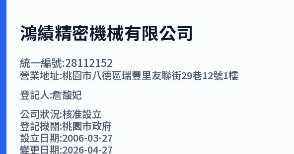鴻績精密機械有限公司的照片-統編 28112152(桃園市) 公司登記資料與營業項目詳細圖表