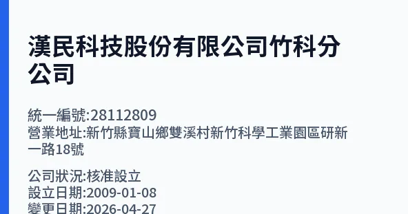 漢民科技股份有限公司竹科分公司的照片-統編 28112809(新竹縣) 公司登記資料與營業項目詳細圖表