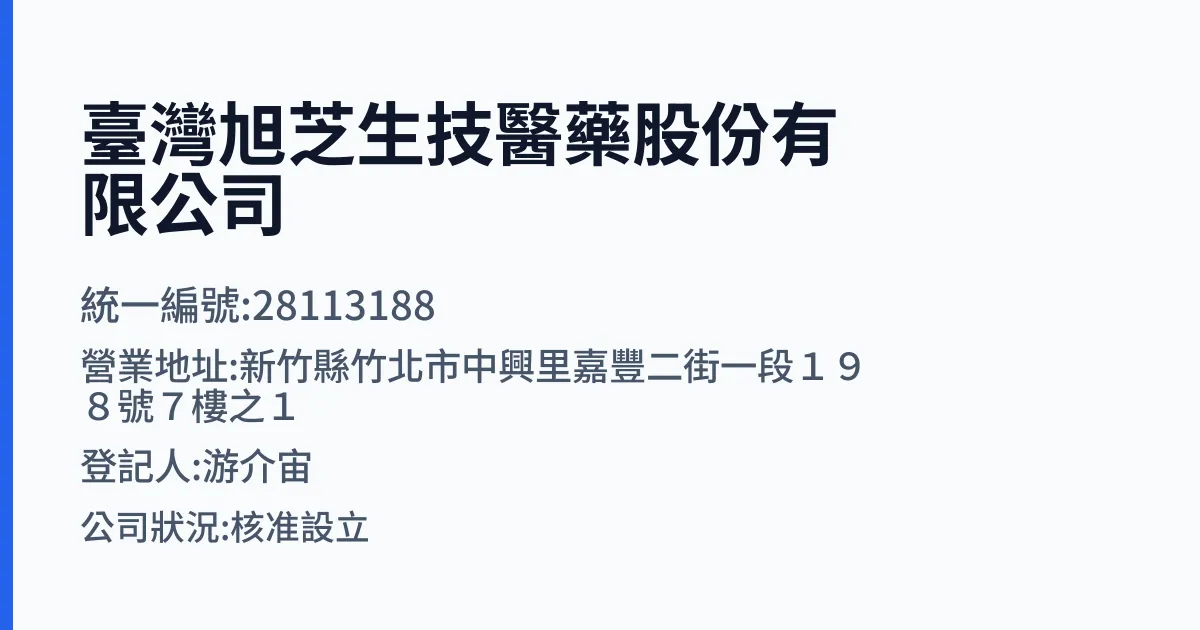 臺灣旭芝生技醫藥股份有限公司 - 統編 28113188(新竹縣) 公司登記資料與營業項目詳細圖表
