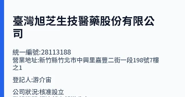 臺灣旭芝生技醫藥股份有限公司的照片-統編 28113188(新竹縣) 公司登記資料與營業項目詳細圖表
