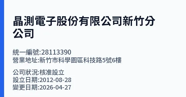 晶測電子股份有限公司新竹分公司的照片-統編 28113390(新竹市) 公司登記資料與營業項目詳細圖表