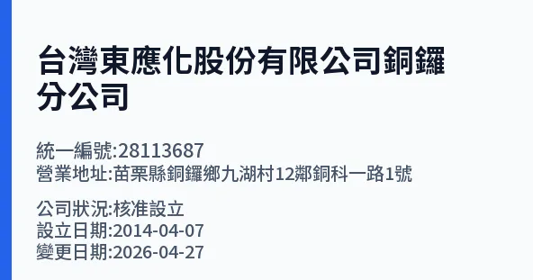 台灣東應化股份有限公司銅鑼分公司的照片-統編 28113687(苗栗縣) 公司登記資料與營業項目詳細圖表