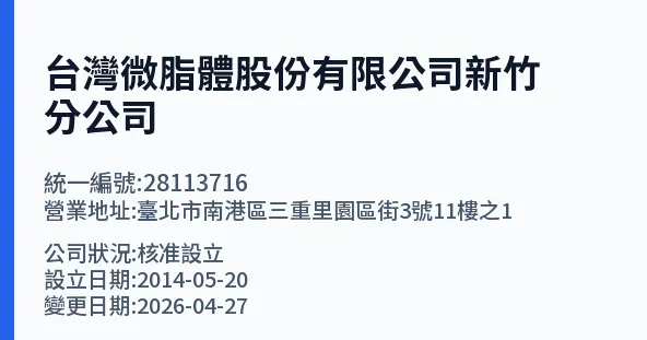 台灣微脂體股份有限公司新竹分公司的照片-統編 28113716(臺北市) 公司登記資料與營業項目詳細圖表