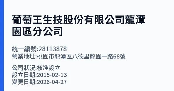 葡萄王生技股份有限公司龍潭園區分公司的照片-統編 28113878(桃園市) 公司登記資料與營業項目詳細圖表