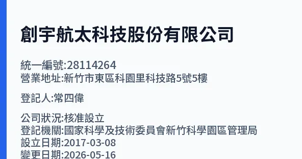 創宇航太科技股份有限公司的照片-統編 28114264(新竹市) 公司登記資料與營業項目詳細圖表