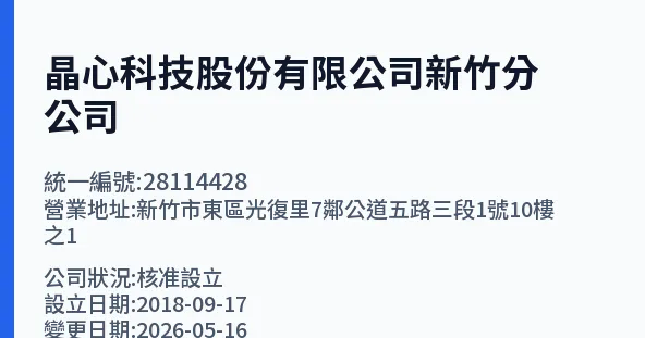 晶心科技股份有限公司新竹分公司的照片-統編 28114428(新竹市) 公司登記資料與營業項目詳細圖表