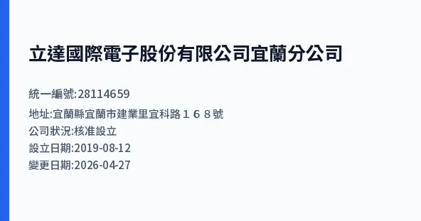 立達國際電子股份有限公司宜蘭分公司的照片-統編 28114659(宜蘭縣) 公司登記資料與營業項目詳細圖表