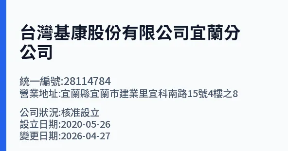 台灣基康股份有限公司宜蘭分公司的照片-統編 28114784(宜蘭縣) 公司登記資料與營業項目詳細圖表